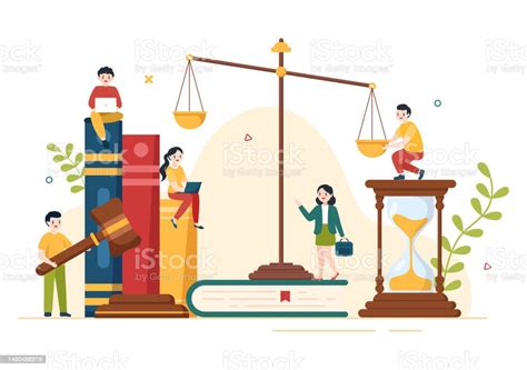 정의 법률 자문 판결 및 변호사 컨설턴트와 함께 법률 사무소 서비스 평면 만화 포스터 손으로 그린 템플릿 일러스트레이션 건축물에