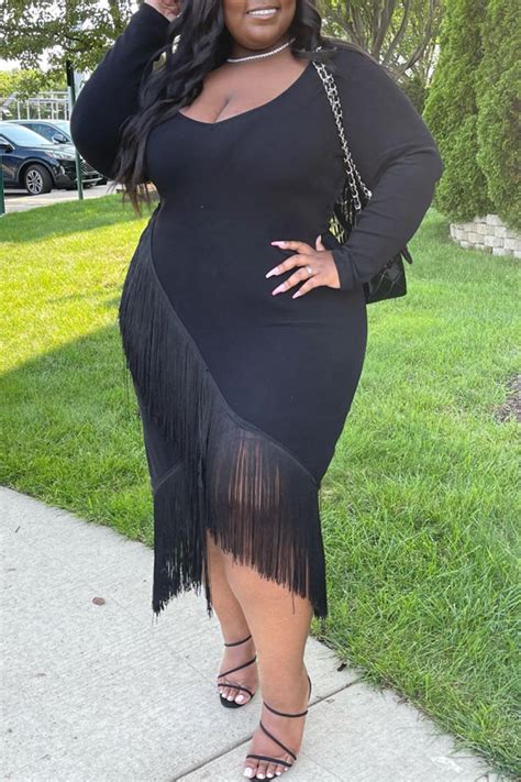 Wholesale Black Sexy Daily Vintage Elegant Solid Tassel Sheath Plus