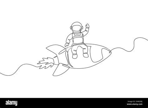 One Continuous Line Drawing Of Spaceman Astronaut Waving Hand And Sit