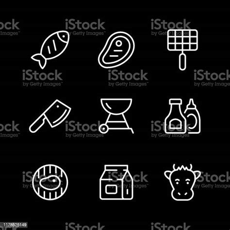 그릴의 선 아이콘 설정 고기에 대한 스톡 벡터 아트 및 기타 이미지 고기 구이 굽기 Istock