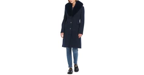 Kate Spade Wool Blend Coat With Removable Faux Fur Collar In Blue Lyst