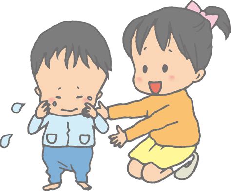 「泣く未満児（男の子）をお世話する女の子」のかわいい手書きフリーイラスト イラストわくわくbox