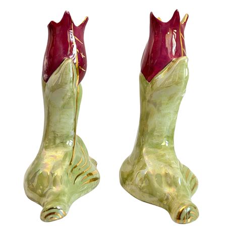 Vintage Kass Ceramic Tulip Vases Mid Century Mauve And Gold Decor
