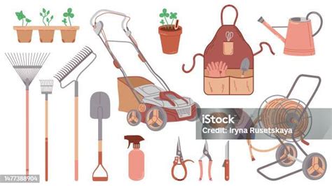 유용한 원예 및 정원 관리 도구의 그림을 설정하십시오 잔디 깎는 기계 정원 호스 릴 삽과 갈퀴 그리고 흰색 배경에 격리된 기타 도구 가지치기 가위에 대한 스톡 벡터 아트 및