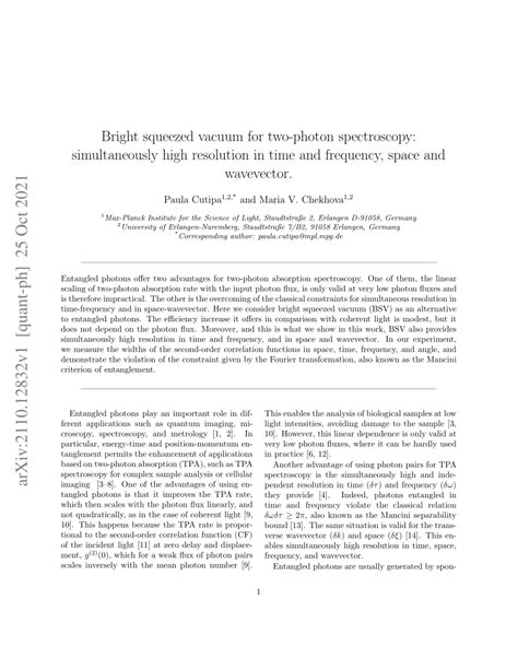 Pdf Bright Squeezed Vacuum For Two Photon Spectroscopy Simultaneously High Resolution In Time
