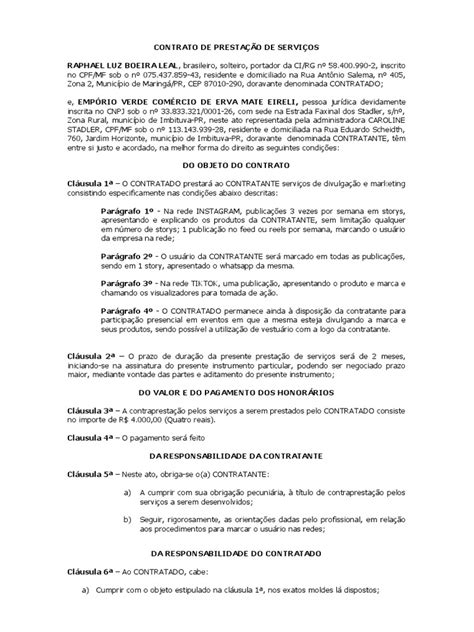 Contrato De PrestaÇÃo De ServiÇos Raphael E Empório Verde 9188