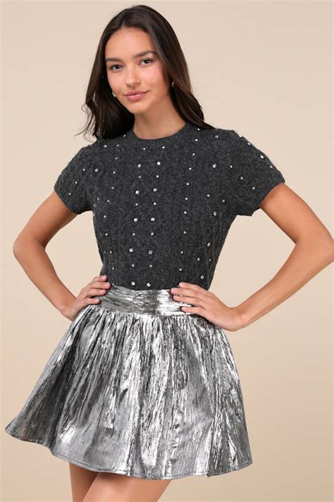 Silver Metallic Skirt Crinkled Mini Skirt Mini Skater Skirt Lulus