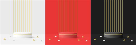 고급스러운 흰색 빨간색 및 검은색 실린더 연단 받침대 고급 금 수직 모양 및 반구 공이 있는 사실적인 3d 배경 세트입니다 추상적인 최소 장면 모형 제품이 표시됩니다 0명에