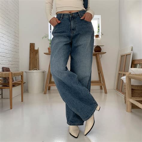 옷자락 여자 워싱 와이드핏 통바지 오버 데님팬츠 청바지