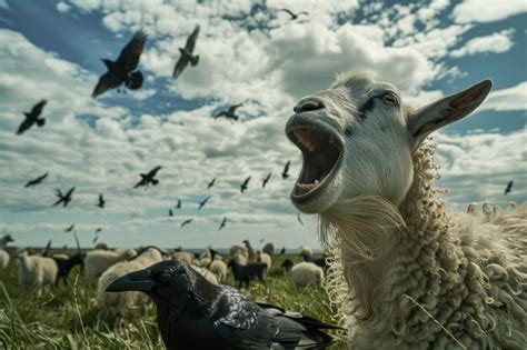Uma Cabra Gritando E Um Corvo Em Um Campo De Ovelhas Imagem Premium