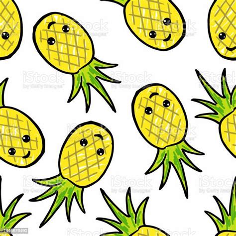 귀여운 파인애플 아나나스 만화 캐릭터 벡터 낙서 완벽 한 패턴 고립 된 흰색 건강한 생활방식에 대한 스톡 벡터 아트 및 기타 이미지 건강한 생활방식 과일 귀여운