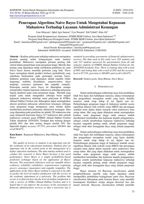 Pdf Penerapan Algoritma Naive Bayes Untuk Mengetahui Kepuasan