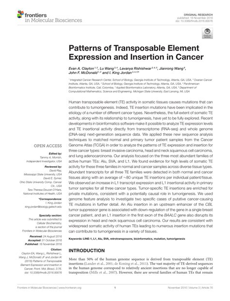 Pdf Patterns Of Transposable Element Expression And Insertion In Cancer