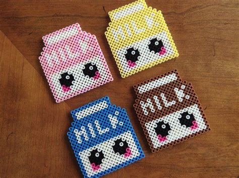 Set Of 4 Kawaii Milk Carton Coasters Ready To Ship Etsy Easy Perler