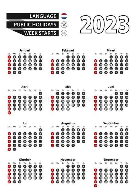 Dutch Calendar 2023 With Numbers In Circles Week Starts On Sunday
