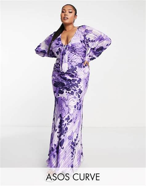 Asos Design Curve Vestito Lungo Con Scollo Profondo Viola Con Stampa