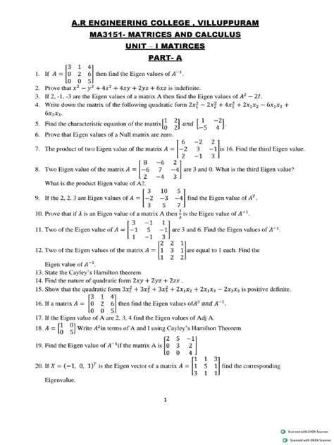 Matrixandcalculus Unit 1 Question Bank Pdf