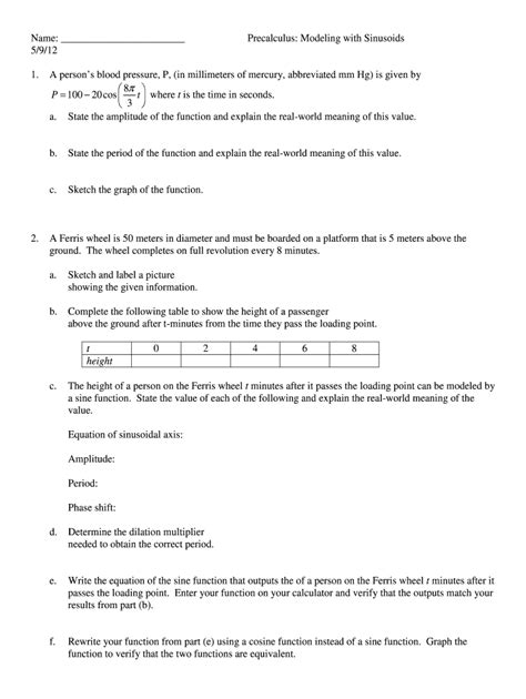 Fillable Online Name Precalculus Modeling With Sinusoids 5912 8 P T Fax