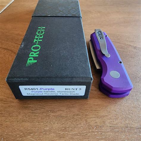Protech R5401 Purple Runt 5 Purple Handle Stonewash Magnacut Reverse