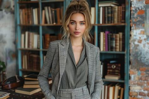 A Woman In A Grey Suit Stands In Front Of A Bookshelf Premium Ai