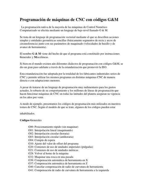 Programación De Máquinas De Cnc Con Códigos G Y M Pdf Control