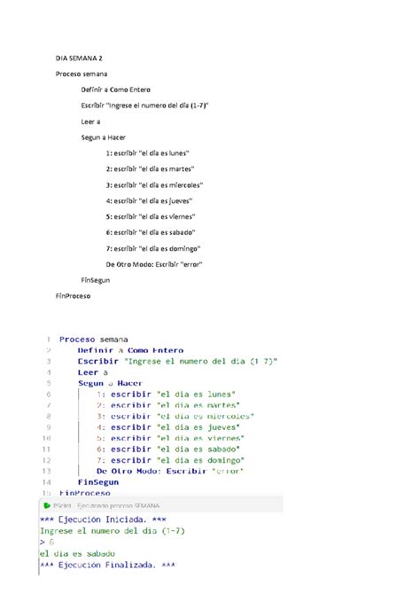 Actividad Semana Principios De Algoritmos DIA SEMANA Proceso Semana Definir A Como