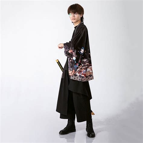 Japanese Themed Black Green Shrines Sakura Unisex Kimono Kawaiies