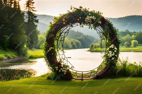 Premium Photo A Round Arch With Flowers On The Grass And A Bridge
