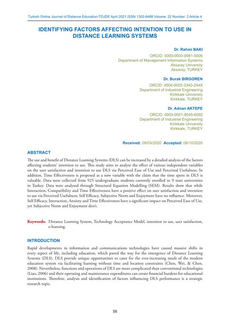 Pdf Identifying Factors Affecting Intention To Use In Distance