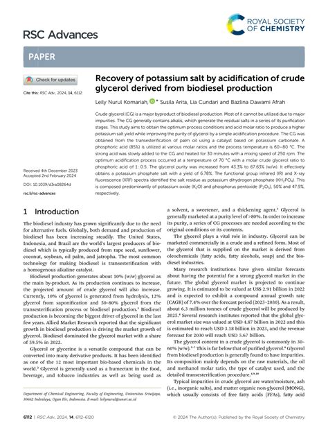 Pdf Recovery Of Potassium Salt By Acidification Of Crude Glycerol