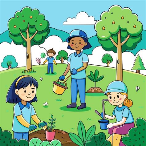 Un Dibujo De Una Familia En Un Jardín Con árboles Y Una Mujer Regando