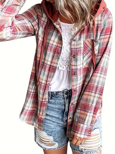 Hooded Plaid Print Blouse Casual Button Front Drawstring Temu