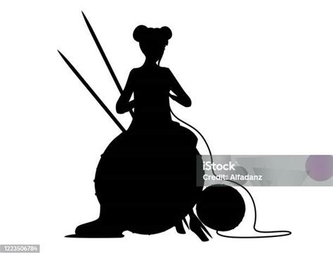 흰색 배경에 고립 된 뜨개질 바늘 플랫 추상적 인 그림과 양모의 큰 공에 앉아 검은 실루엣 여자 꽃 식물에 대한 스톡 벡터 아트