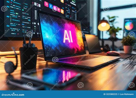 Modern Ai Workspace With Vibrant Neon Lights Representing Technology Digital Innovation And