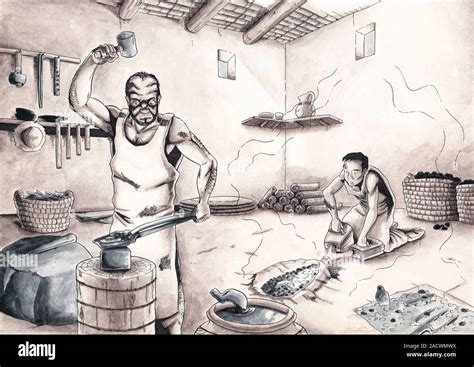 Iberian Blacksmith Artwork Of A Blacksmith Repairing An Iron Tool In