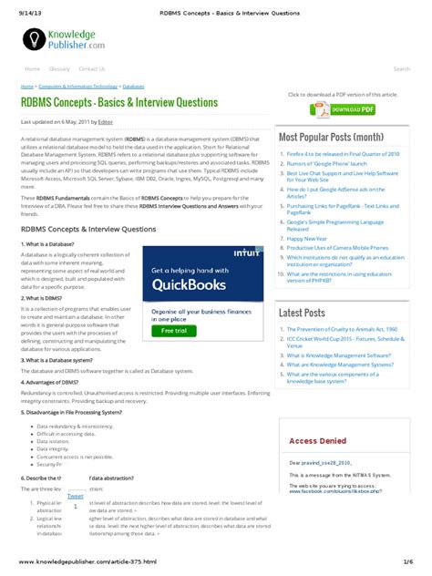 Rdbms Concepts Basics And Interview Questions Pdf Relational Database Databases