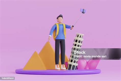 여행 블로거 3d 일러스트레이션 젊은 남자 여행자가 스마트폰으로 셀카 사진을 찍고 있다 3d 그림 3차원 형태에 대한 스톡 사진 및 기타 이미지 Istock