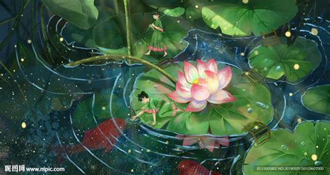 手绘夏夜唯美荷花治愈系插画设计图psd分层素材psd分层素材设计图库昵图网