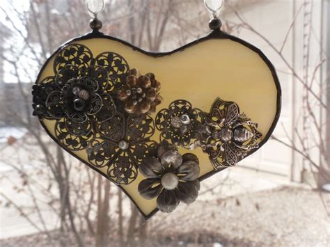 Wispy Stained Glass Heart Suncatcher With Steampunk Bee