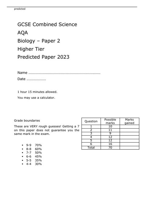 AQA GCSE Combined Science Biology Paper 2 Higher Tier Predicted Paper