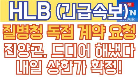 Hlb 에이치엘비 매수 매도 주가전망 긴급 질병청 독점 계약 요청 진양곤 드디어 해냈다 내일 상한가 확정 Youtube