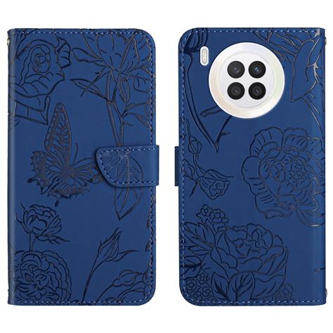 For Huawei Nova 8i Skin Feel Butterfly Peony Embossed Leather Phone Case Blue Alexnld Com
