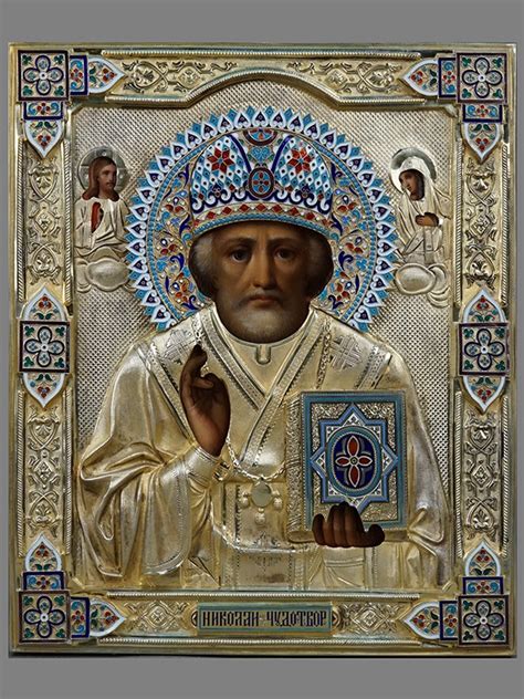 Икона в киоте «Святой Николай Чудотворец», дерево, масло. Оклад серебро ...