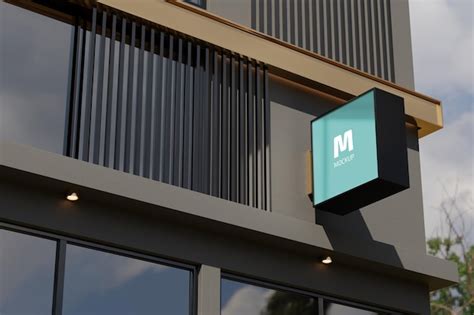 사무실 상점 건물의 외관에 로고 기호 모형 사각형 간판 상자 프리미엄 Psd 파일