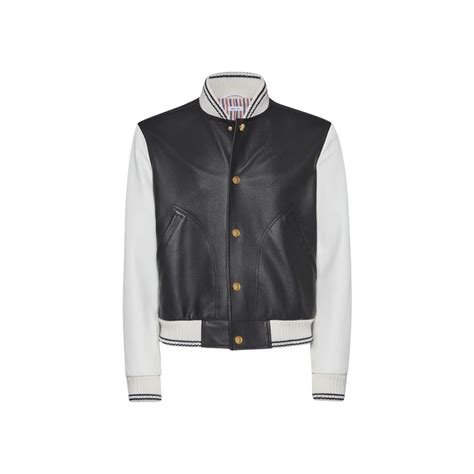 톰브라운 램 그레인 레더 콘트라스트 탑 스티치 블루종 자켓 블랙 Thom Browne Kream