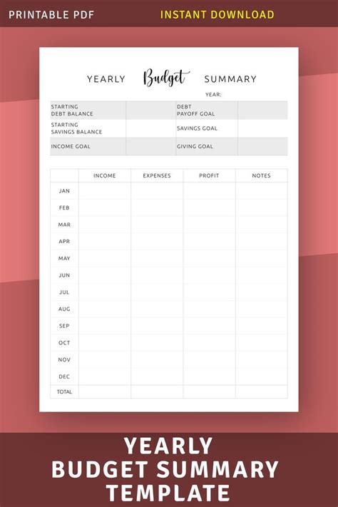 Yearly Budget Summary Template Budget Planner Template Budget