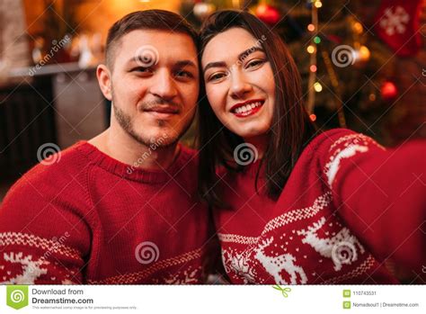 Love Couple Makes Selfie Christmas Celebration Stock Image Image Of