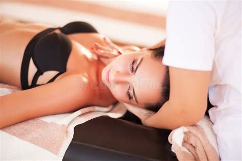 Spa Beautiful Woman Get Massage On Sunny Beach Relax On Vacations