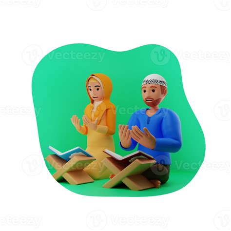 Muslim Couple Reading Quran During Ramadan Kareem 3d Character