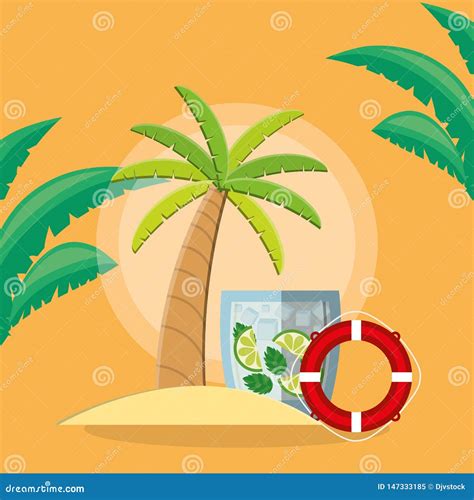 Trees Palms Beach Scene With Lemonade Cocktail And Float Stock